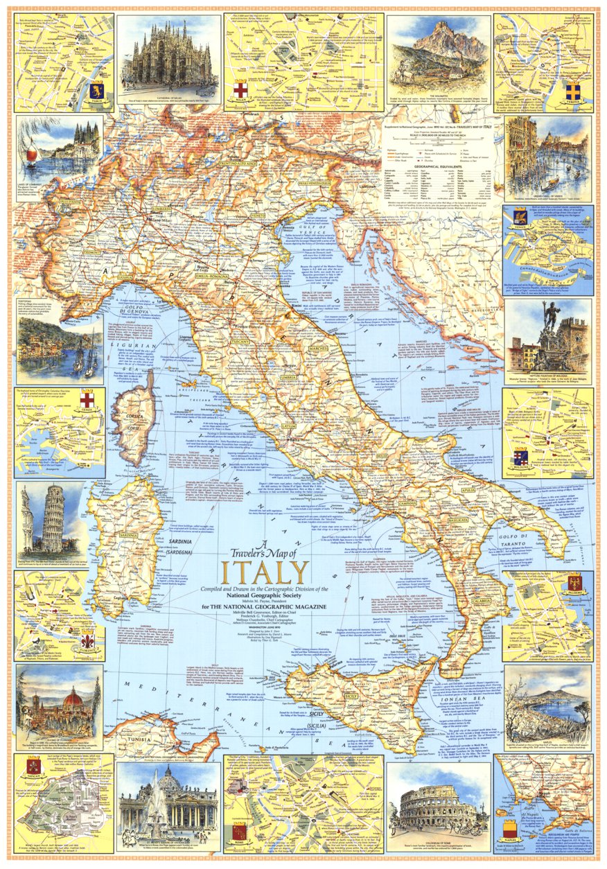 Travelers Map Of Italy 1970 by National Geographic | Avenza Maps