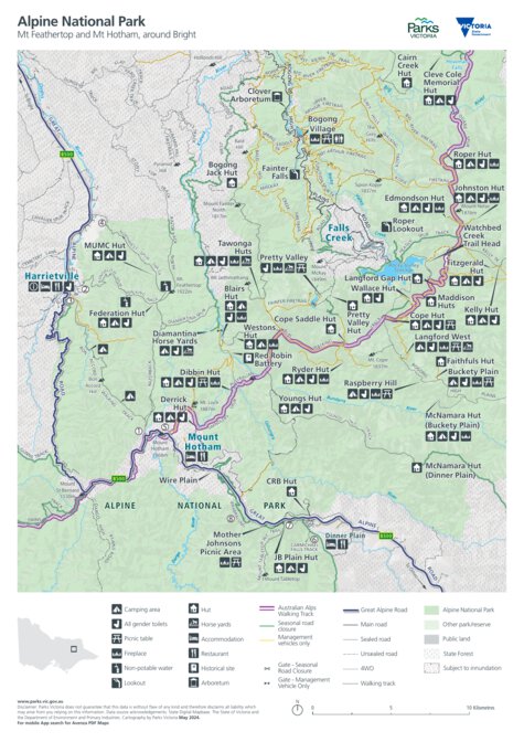 Alpine National Park - Mt Feathertop and Mt Hotham, around Bright Visitor Guide Map by Parks ...