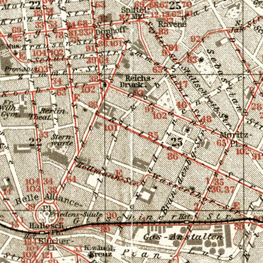 Berlin City Map With Tramway and S-Bahn Network, 1902 by Waldin ...
