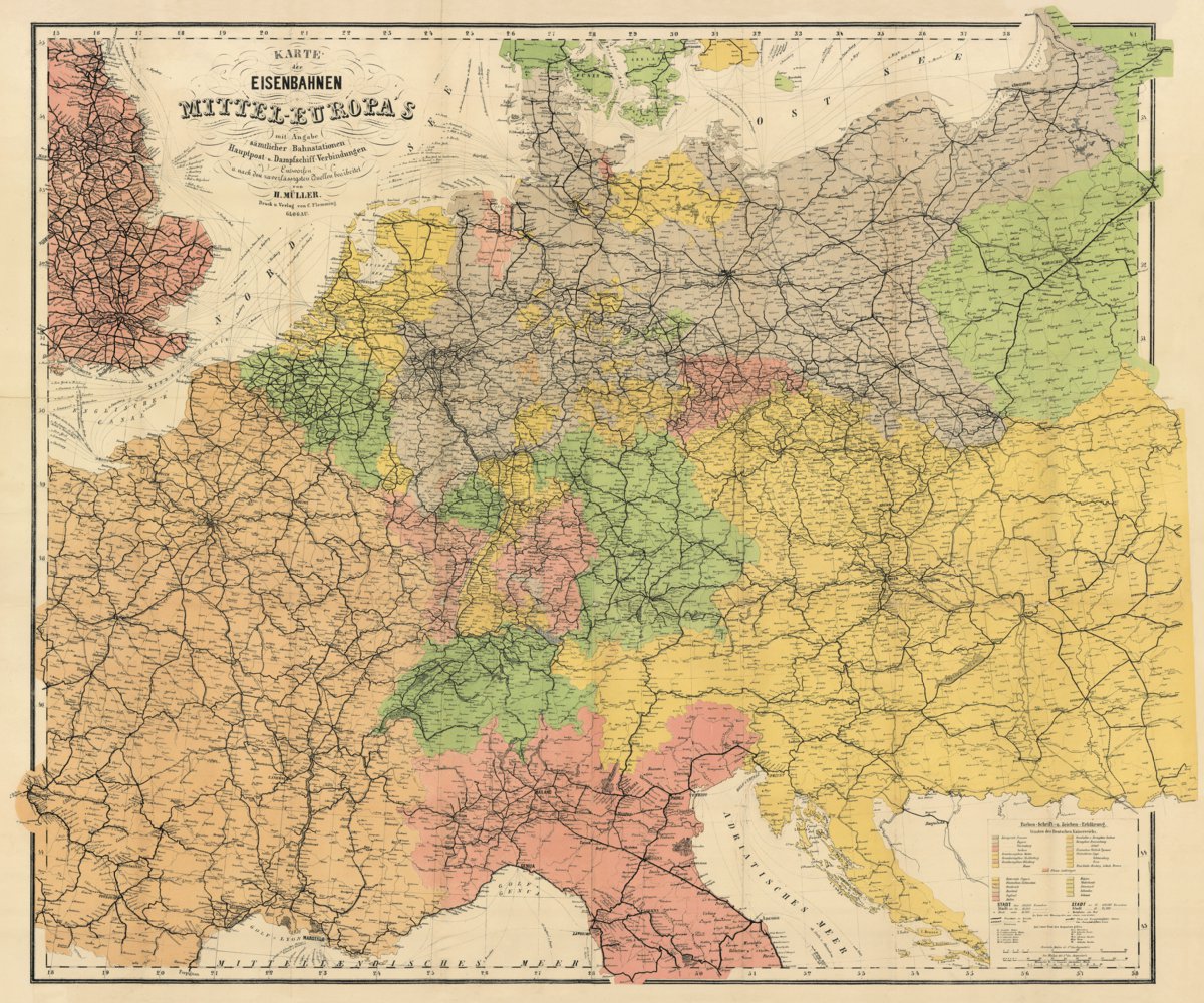 Karte der Eisenbahnen Mittel-Europas (Railway Map of the central Europe ...