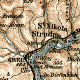 Danube River course Map from Ottensheim to Strudel, 1910 by Waldin ...