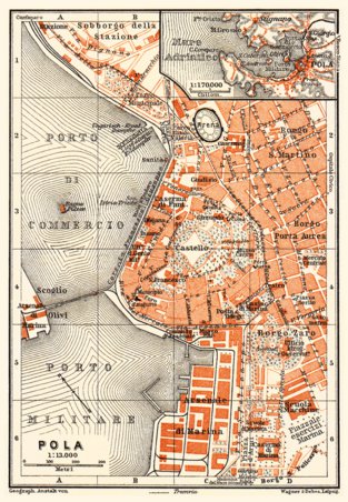 Pola (Pula) town plan and environs Map, 1911 by Waldin | Avenza Maps