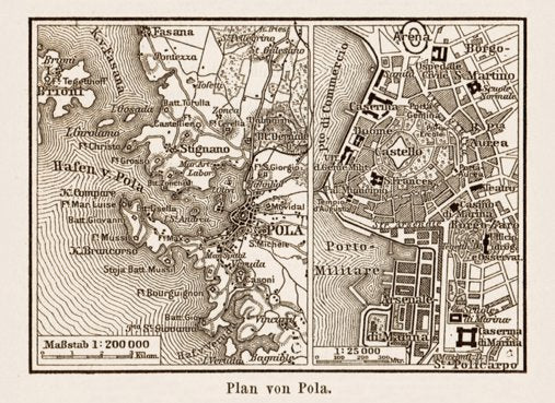 Pola (Pula) town plan, 1903 Map by Waldin | Avenza Maps