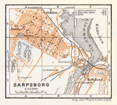Sarpsborg, city Map, 1910 by Waldin | Avenza Maps