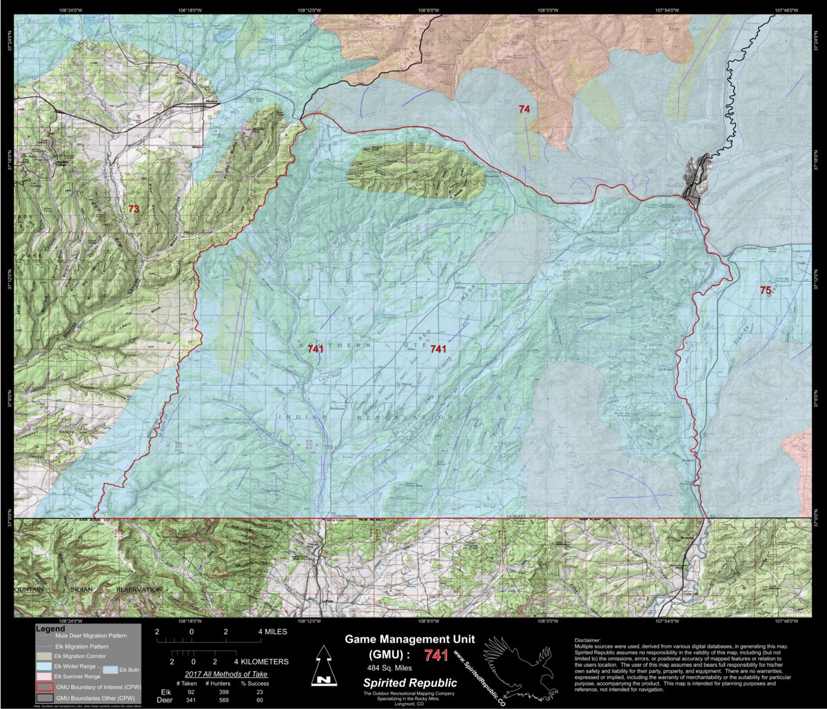 2018 GMU 741 Colorado Big Game (Elk/Mule Deer) Hunting Map (Habitat and ...