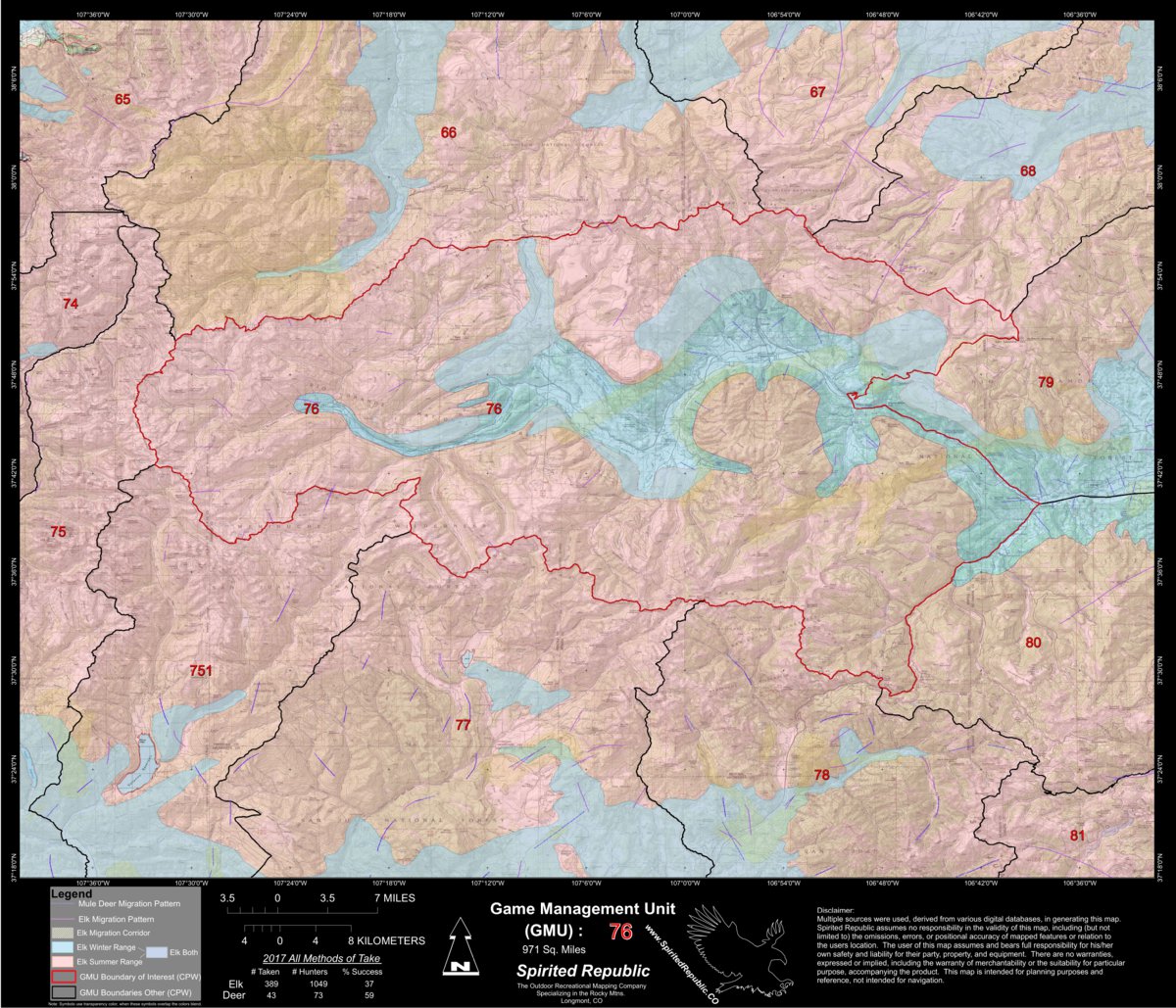 2018 GMU 76 Colorado Big Game (Elk/Mule Deer) Hunting Map (Habitat and ...