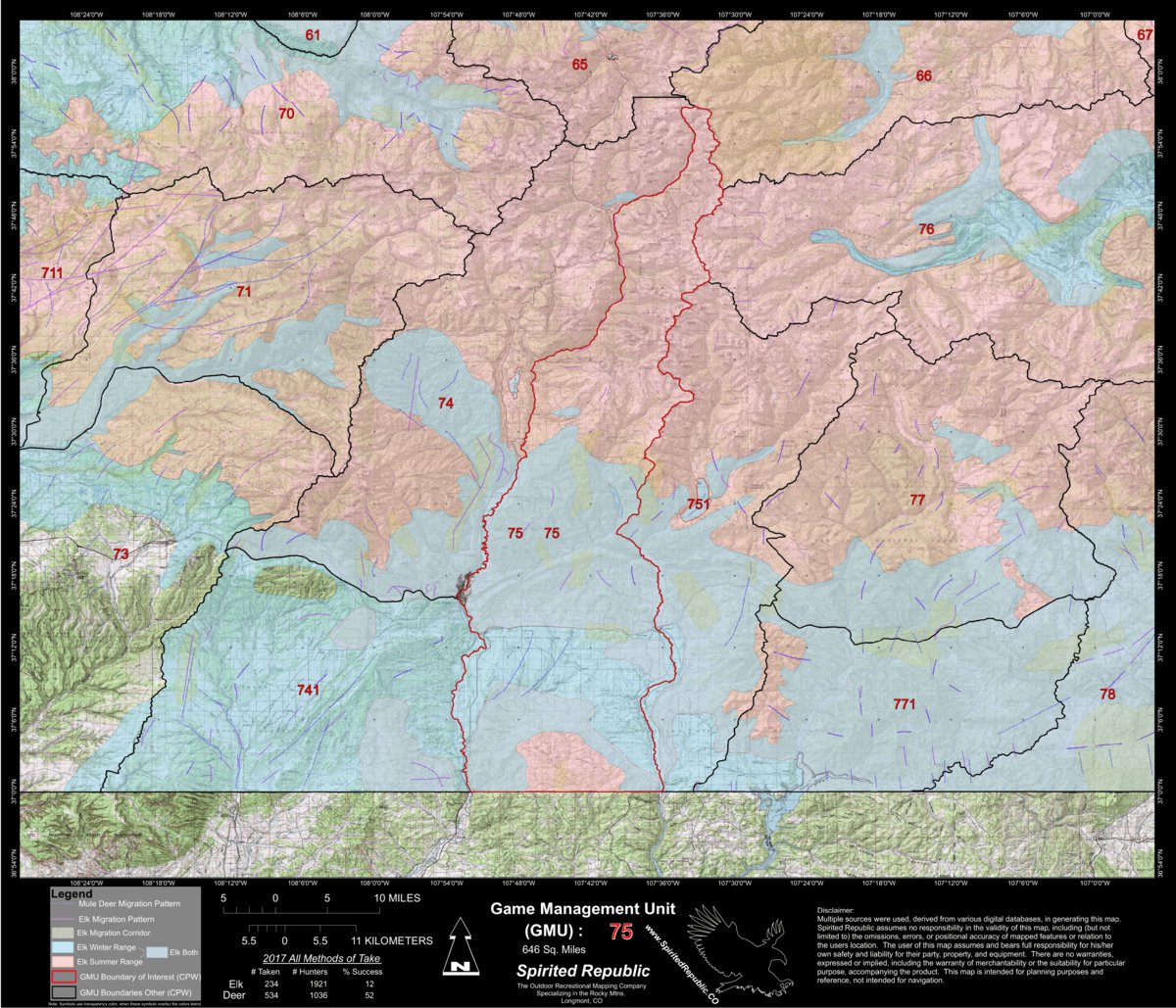 2018 GMU 75 Colorado Big Game (Elk/Mule Deer) Hunting Map (Habitat and ...