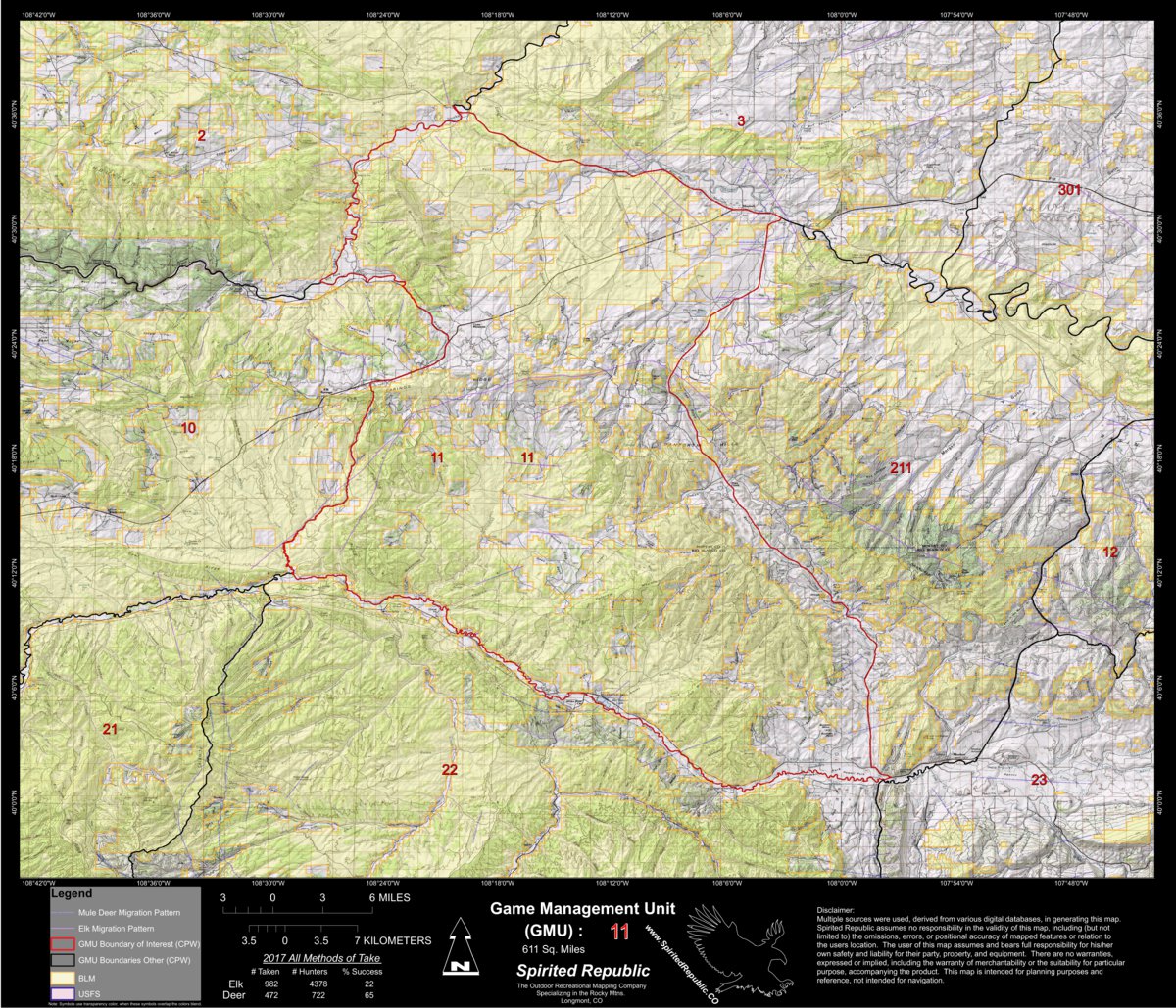 2018 GMU 11 Colorado Big Game (Elk/Mule Deer) Hunting Map (Public ...