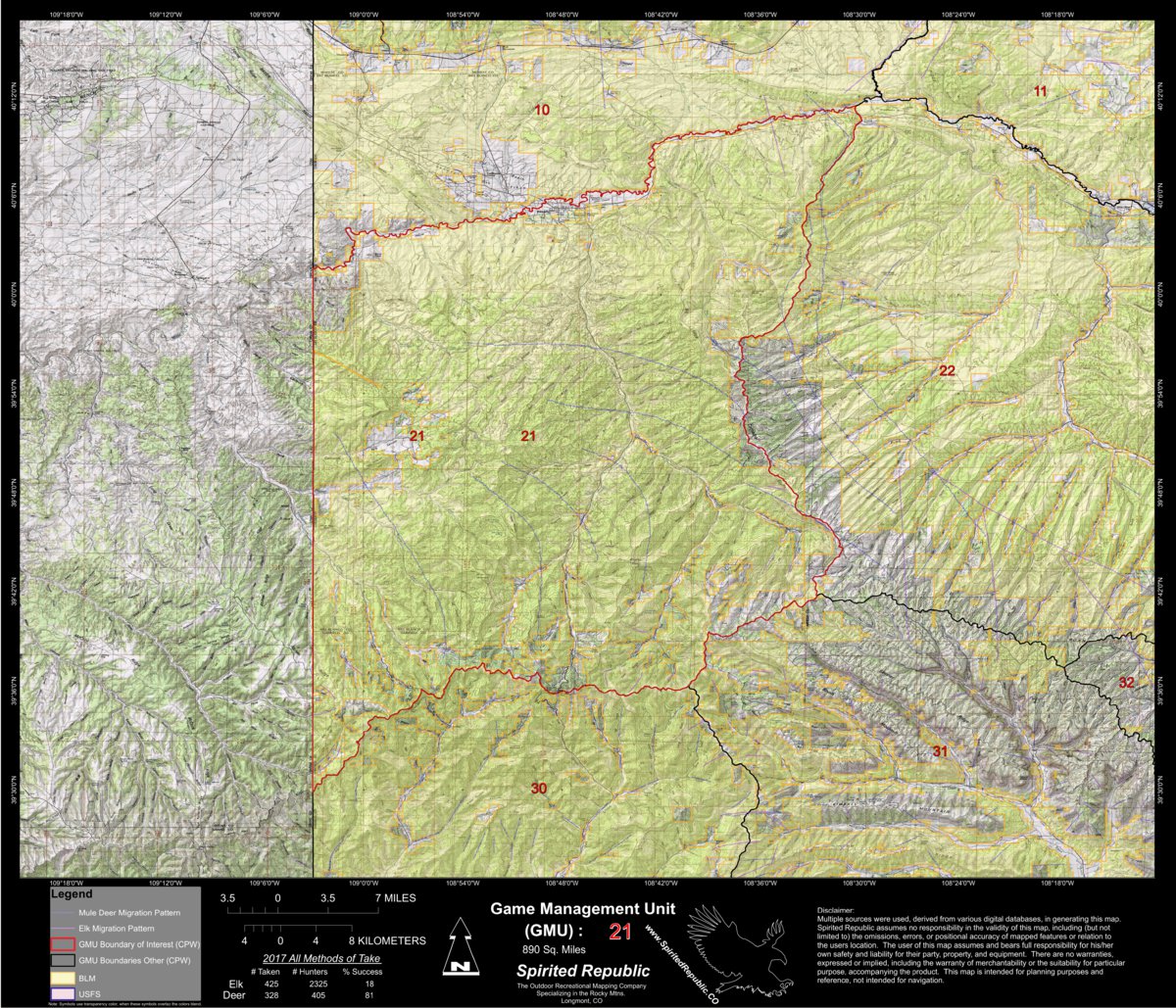 2018 GMU 21 Colorado Big Game (Elk/Mule Deer) Hunting Map (Public ...