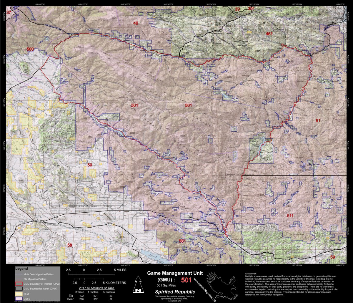 2018 GMU 501 Colorado Big Game (Elk/Mule Deer) Hunting Map (Public ...