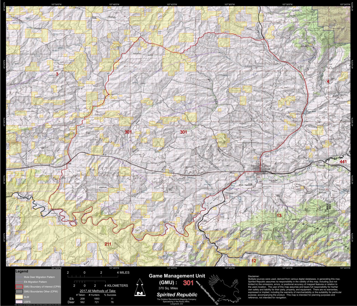 2018 GMU 301 Colorado Big Game (Elk/Mule Deer) Hunting Map (Public ...