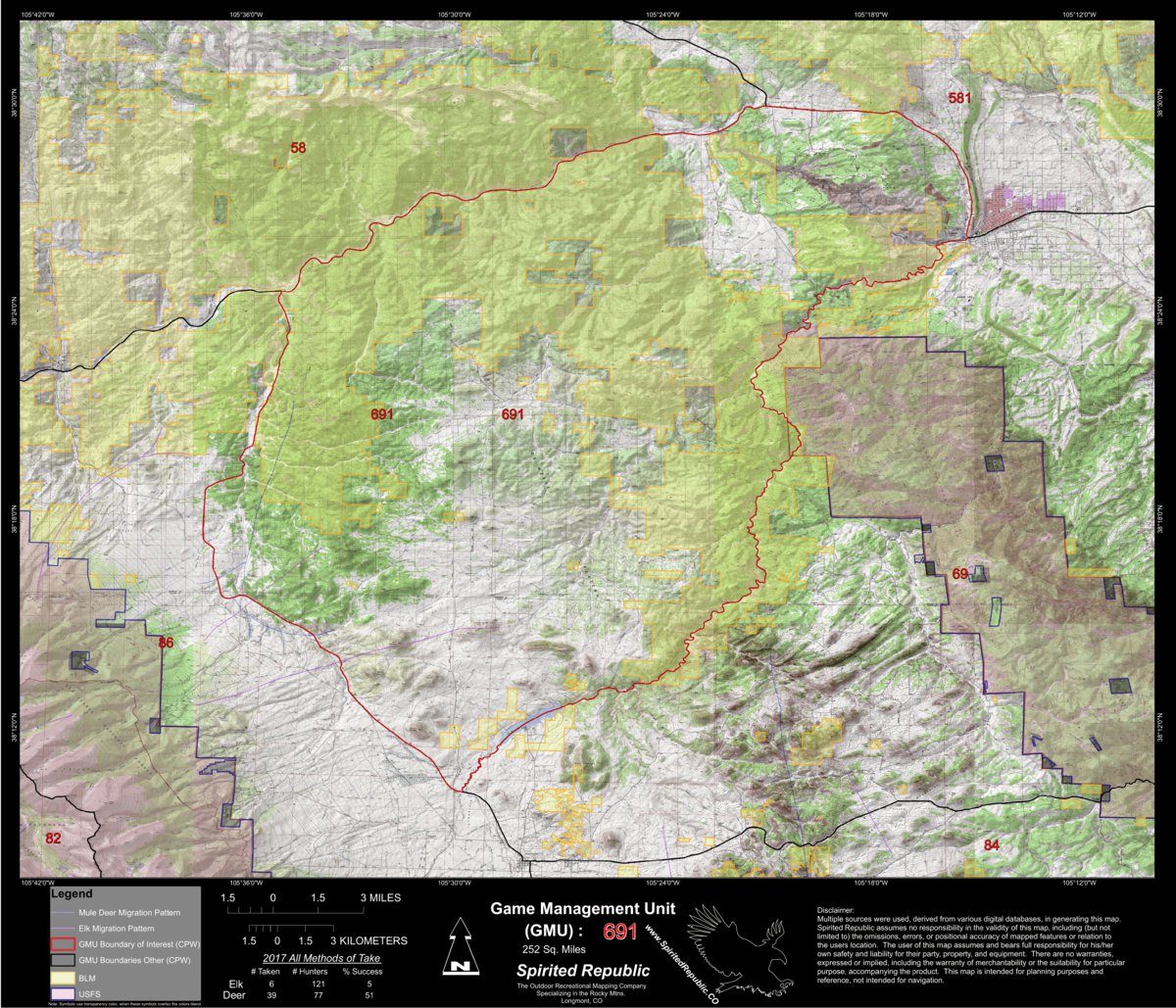 2018 GMU 691 Colorado Big Game (Elk/Mule Deer) Hunting Map (Public ...