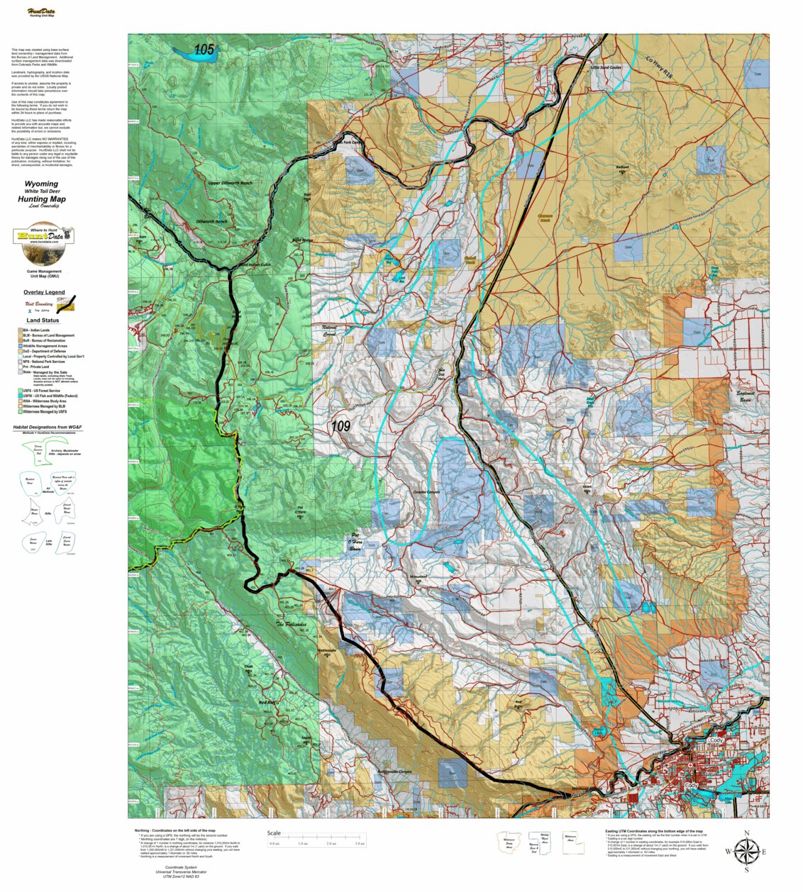 Wy White Tail Deer 109 Hybrid Hunting Map by Wyoming HuntData LLC ...