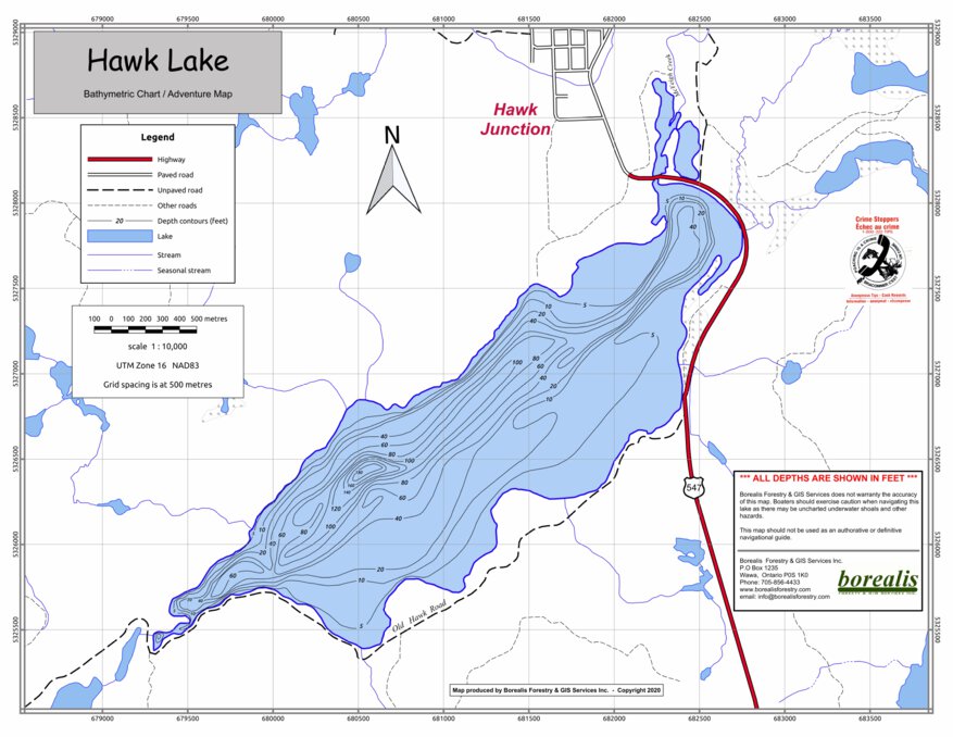 Hawk Lake Bathymetric Chart Map by Borealis Forestry & GIS Services Inc ...