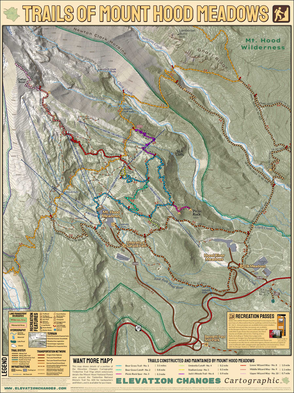 Trails of Mount Hood Meadows Map by Elevation Changes Cartographic LLC ...