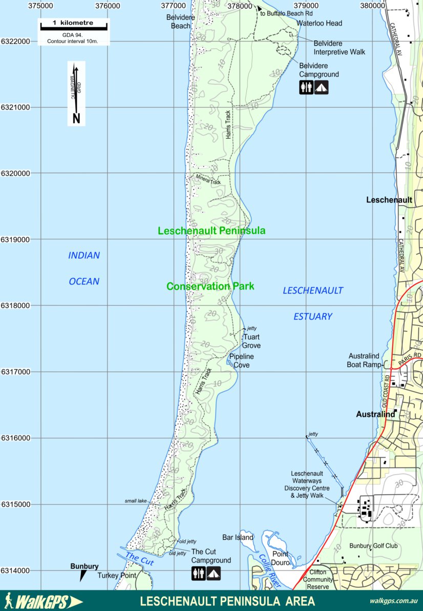 WalkGPS - Leschenault Peninsula Walk Area Map by WalkGPS | Avenza Maps