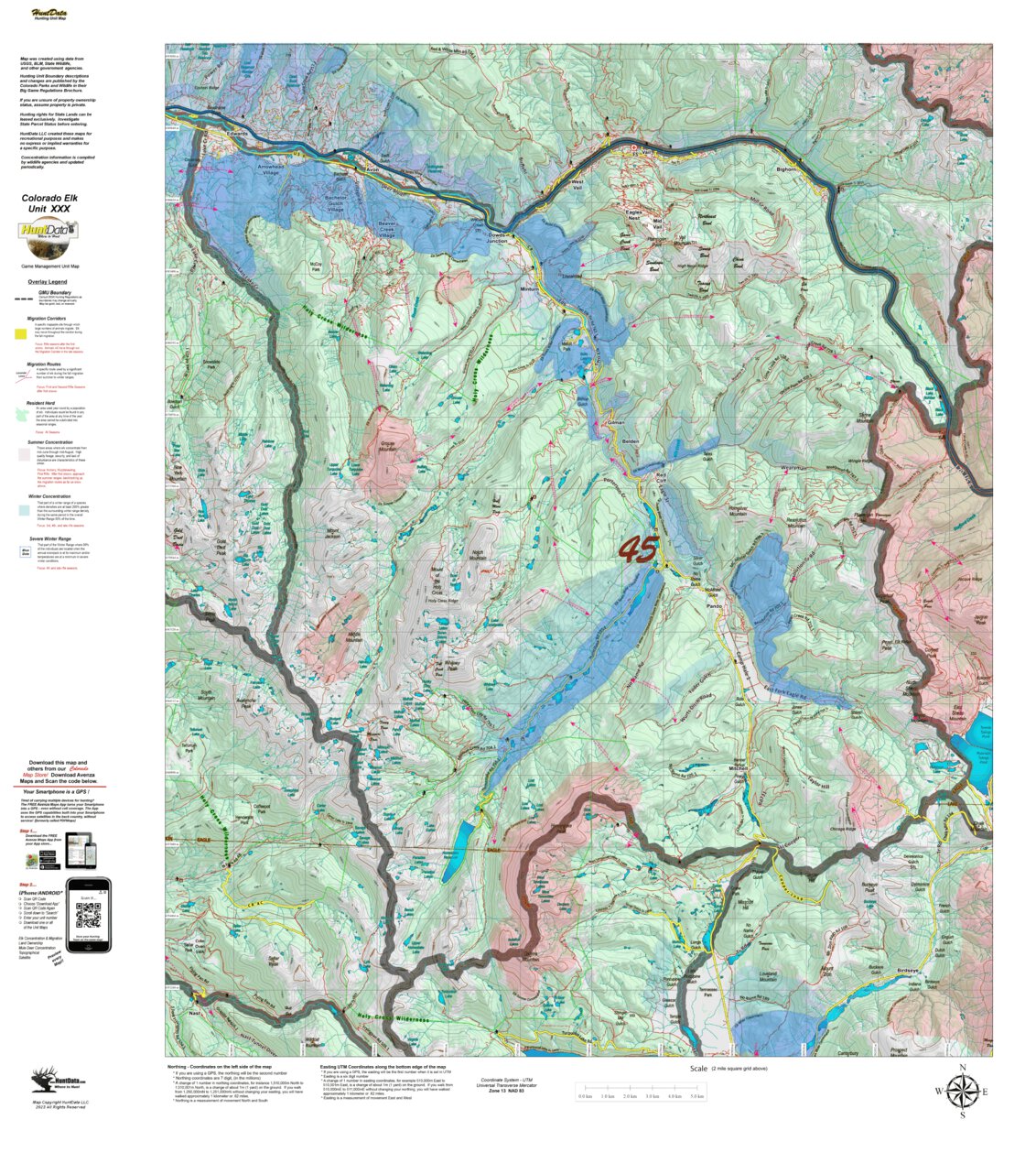 Co Unit 45 Elk Concentration Map by Colorado HuntData LLC | Avenza Maps
