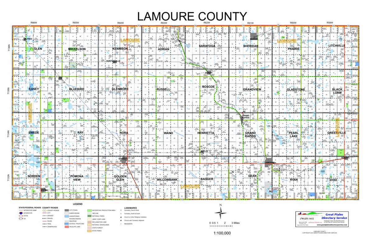 LAMOURE COUNTY, NORTH DAKOTA ROAD Map by GREAT PLAINS DIRECTORY SERVICE ...