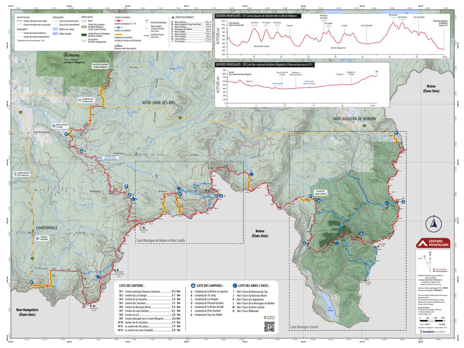 Carte du réseau de Sentiers frontaliers Map by Rando Quebec | Avenza Maps