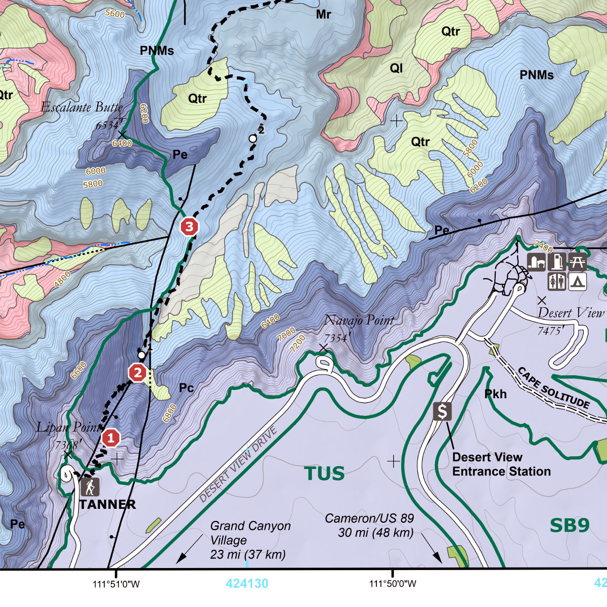 Geologic Trail Map of the Grand Canyon: Tanner Trail (One Side Only) by ...