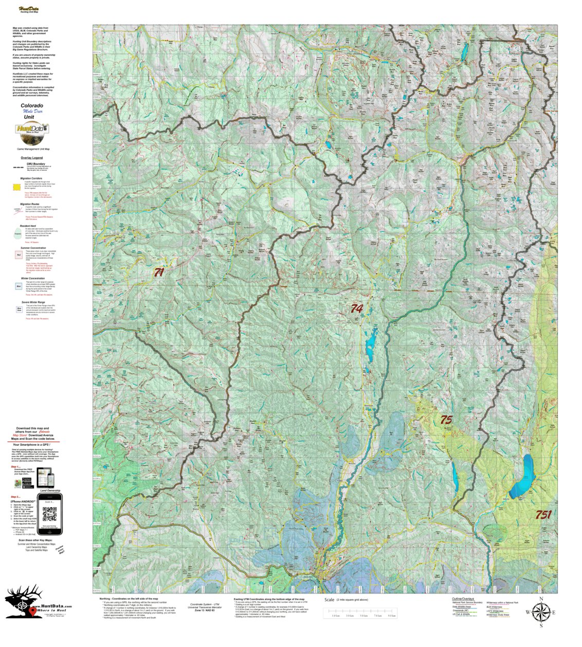 Colorado Unit 74 Mule Deer Concentrations Map by HuntData LLC | Avenza Maps