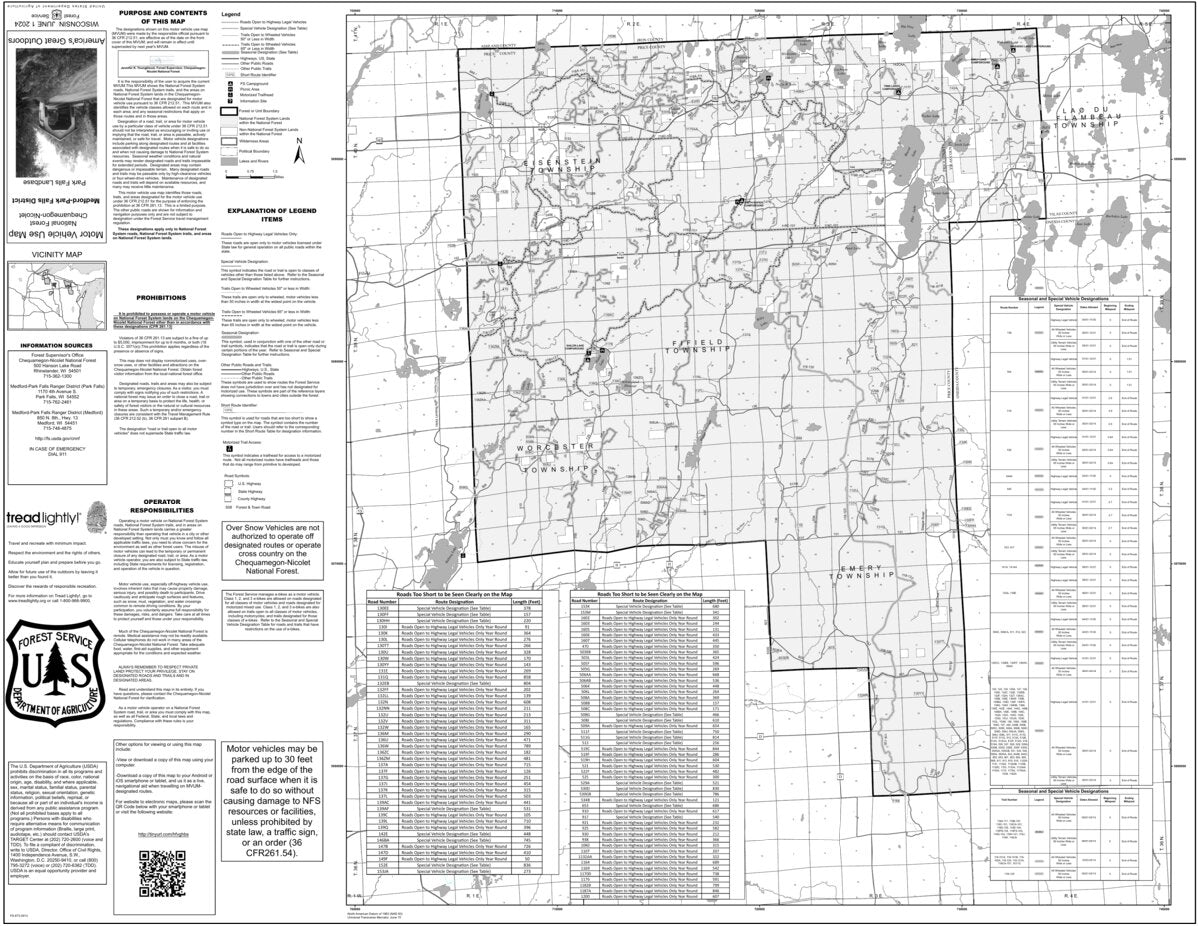Chequamegon-Nicolet MVUM Park Falls Map by US Forest Service R9 ...