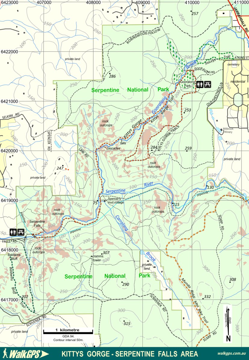 WalkGPS - Kittys Gorge - Serpentine Falls Walk Area - Darling Range Map ...