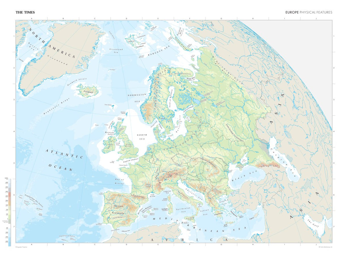 The Times Map of Europe (Physical Features) by Times Maps | Avenza Maps