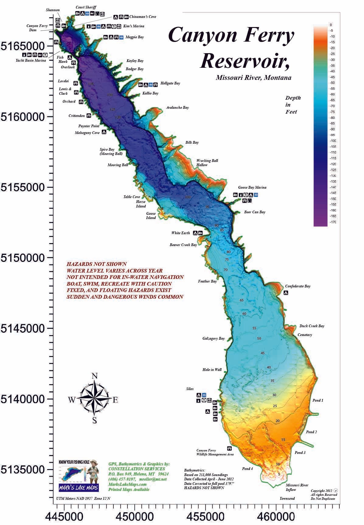 Canyon Ferry Reservoir depth "heat Map" with contours and access by ...