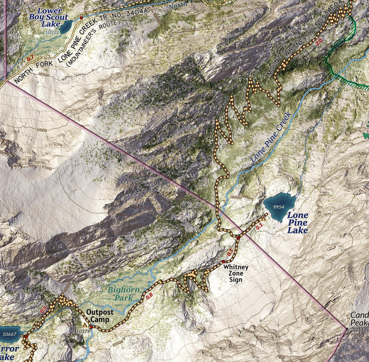 Mount Whitney Hiking and Climbing Map from Whitney Portal by Elevation ...