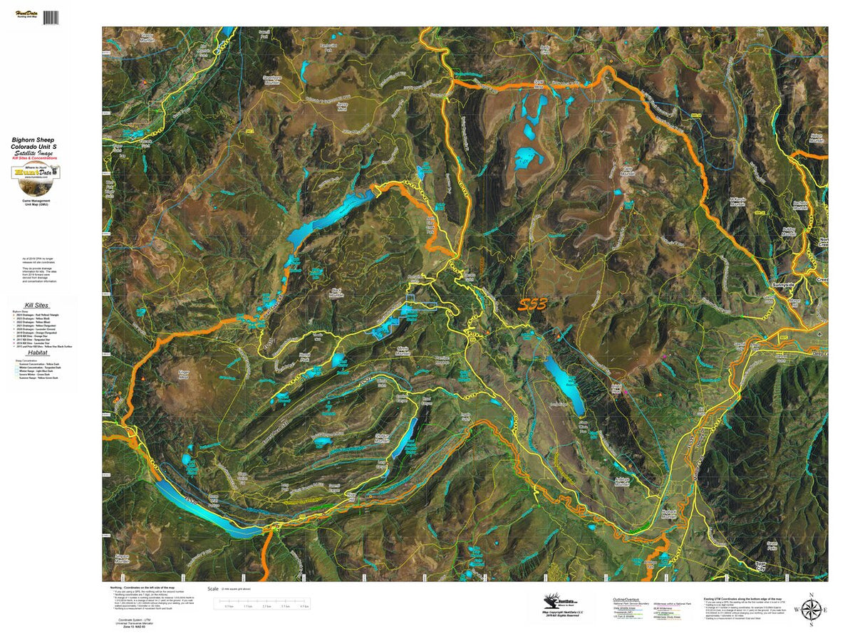Co Bighorn Sheep Unit S53 Satellite Image with concentrations and kill ...