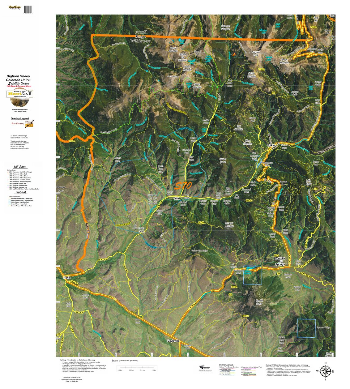 Co Bighorn Sheep Unit S70 Satellite Image with concentrations and kill ...
