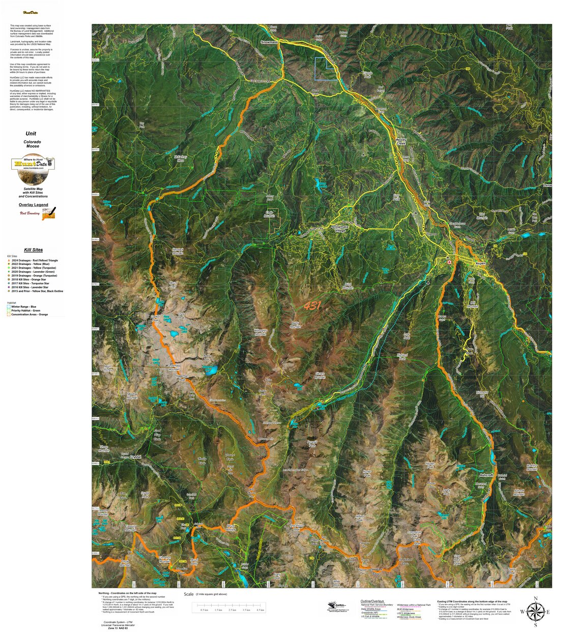 CO Moose Unit 431 Satellite Image with concentrations and kill sites ...