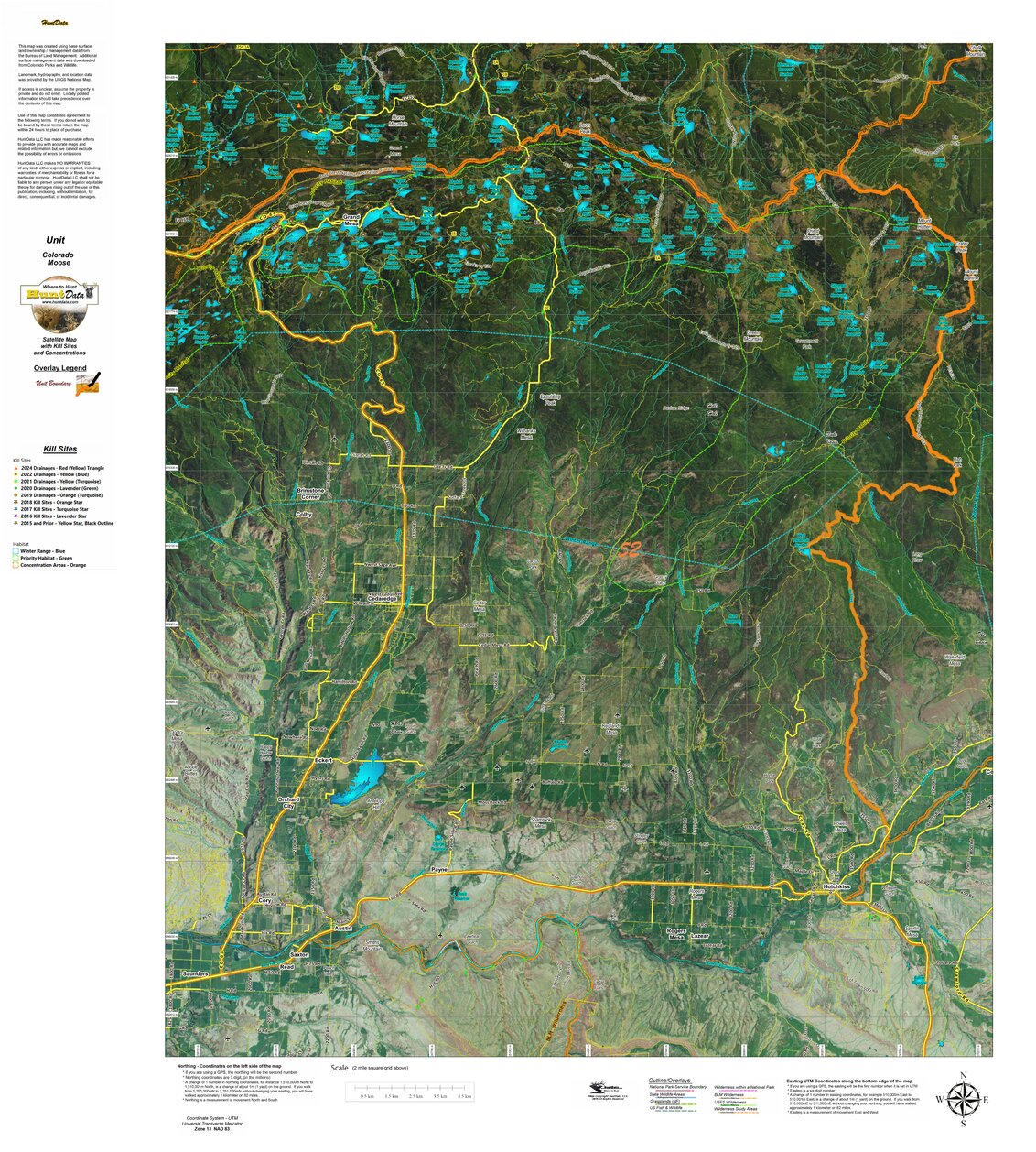 CO Moose Unit 52 Satellite Image with concentrations and kill sites ...