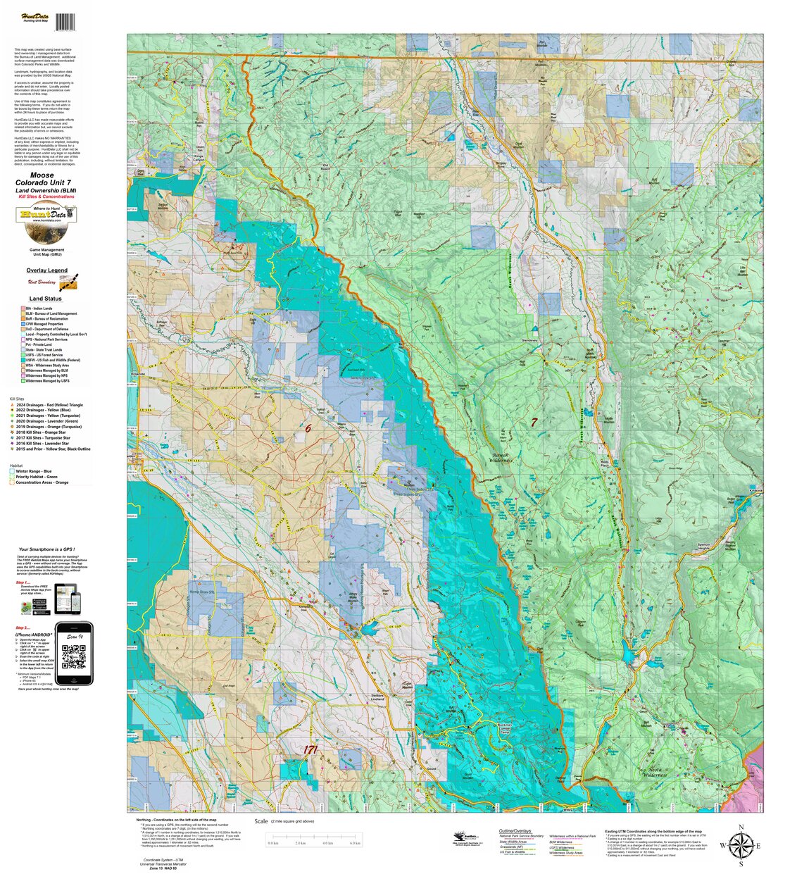 CO Moose Unit 7 Land Use, Kill Site, and Concentrations Map by Colorado ...