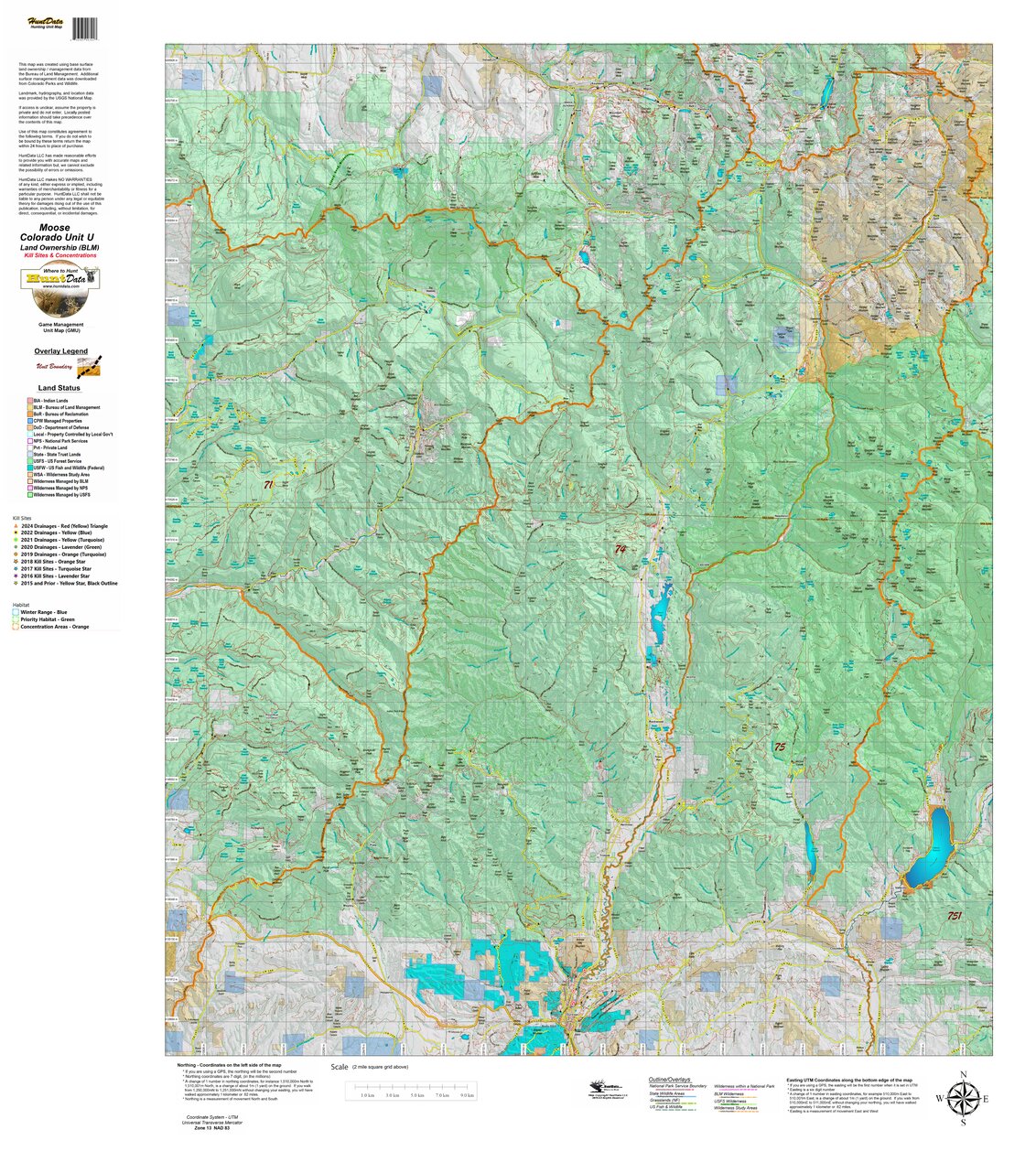 CO Moose Unit 74 Land Use, Kill Site, and Concentrations Map by ...