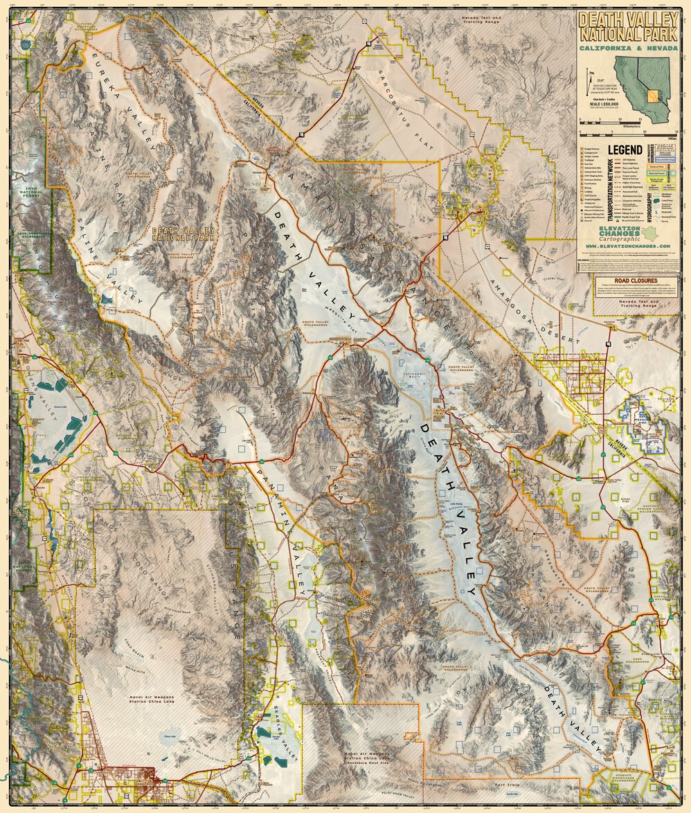 Death Valley National Park Visitor Map by Elevation Changes ...