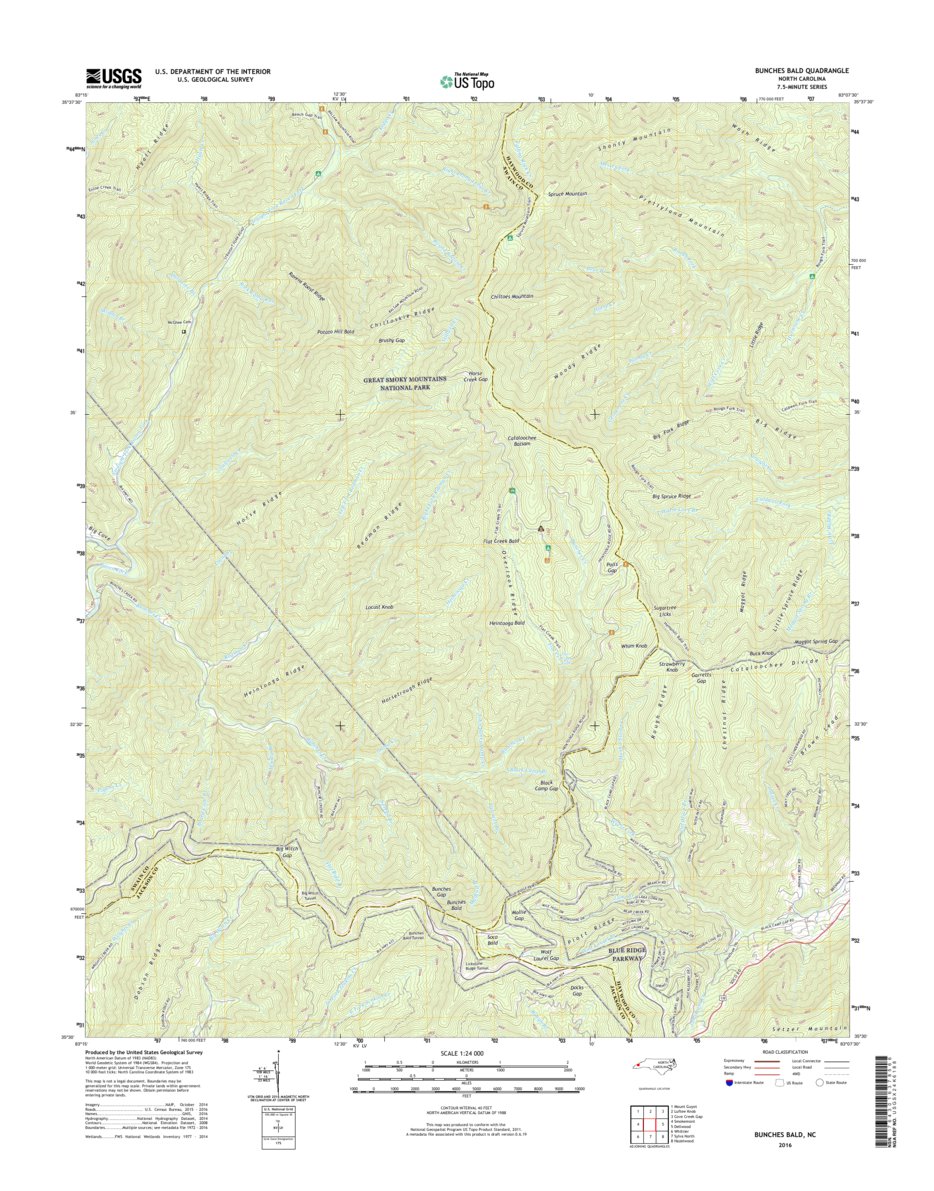 NPS/USGS 2016 Bunches Bald Topographic Map by Great Smoky Mountains ...