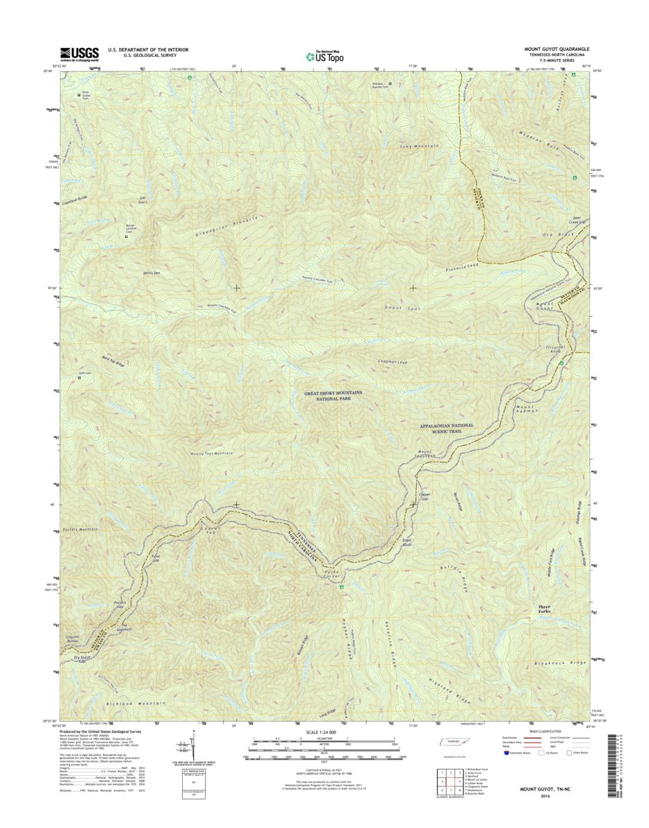 NPS/USGS 2016 Mount Guyot Topographic Map by Great Smoky Mountains ...