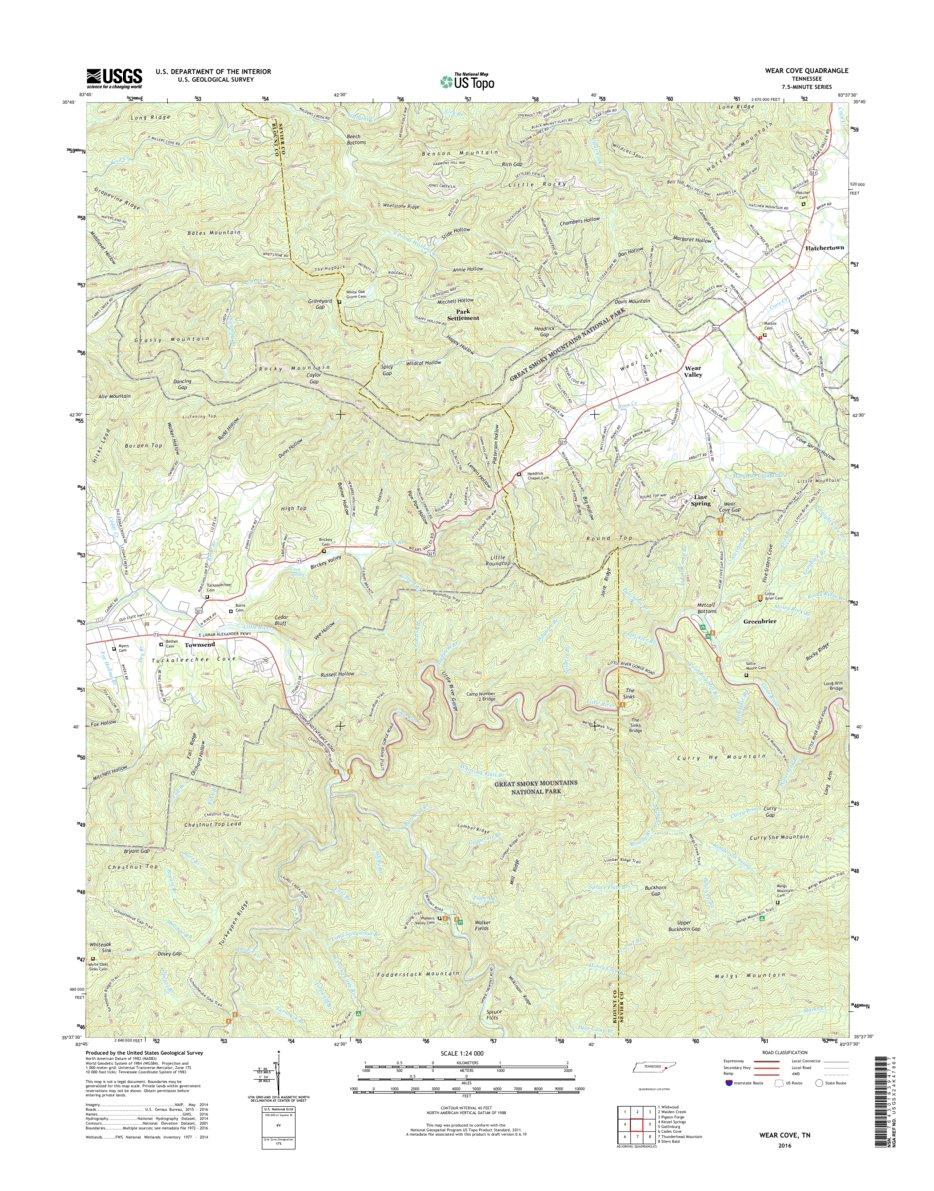 NPS/USGS 2016 Wear Cove Topographic Map by Great Smoky Mountains ...