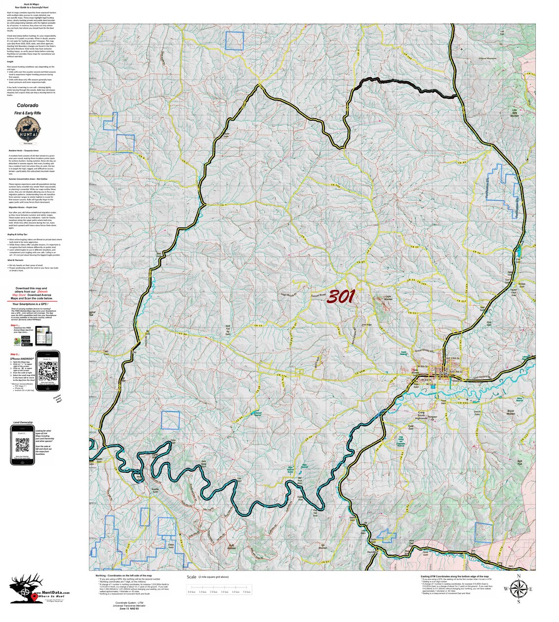 Colorado Unit 301 Recommended First Rifle Areas Map by HuntAI | Avenza Maps