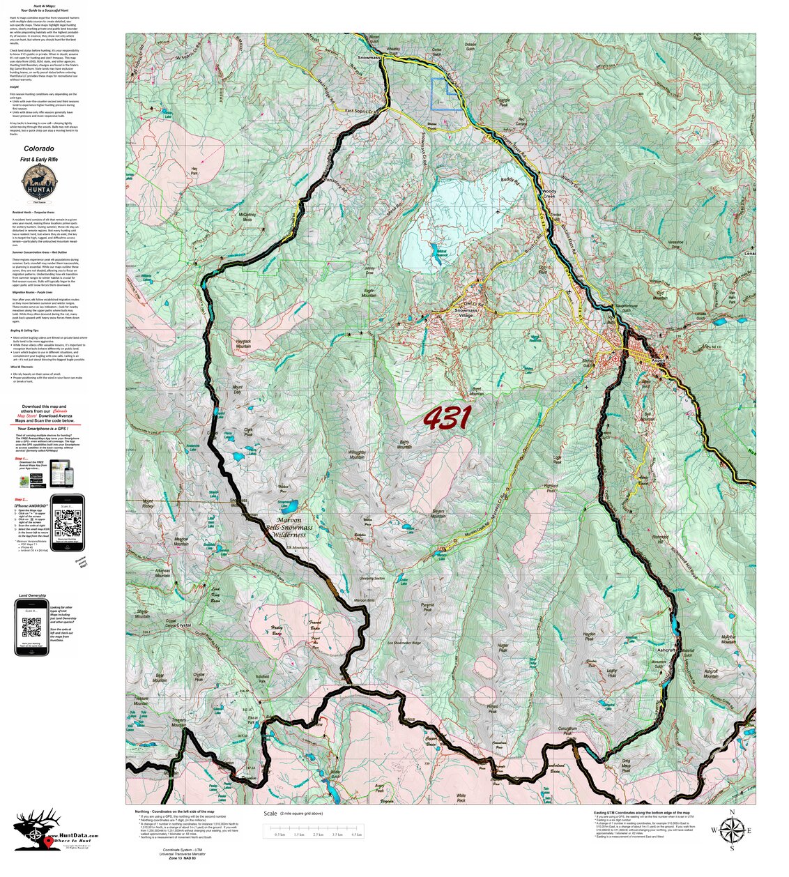 Colorado Unit 431 Recommended First Rifle Areas Map by HuntAI | Avenza Maps