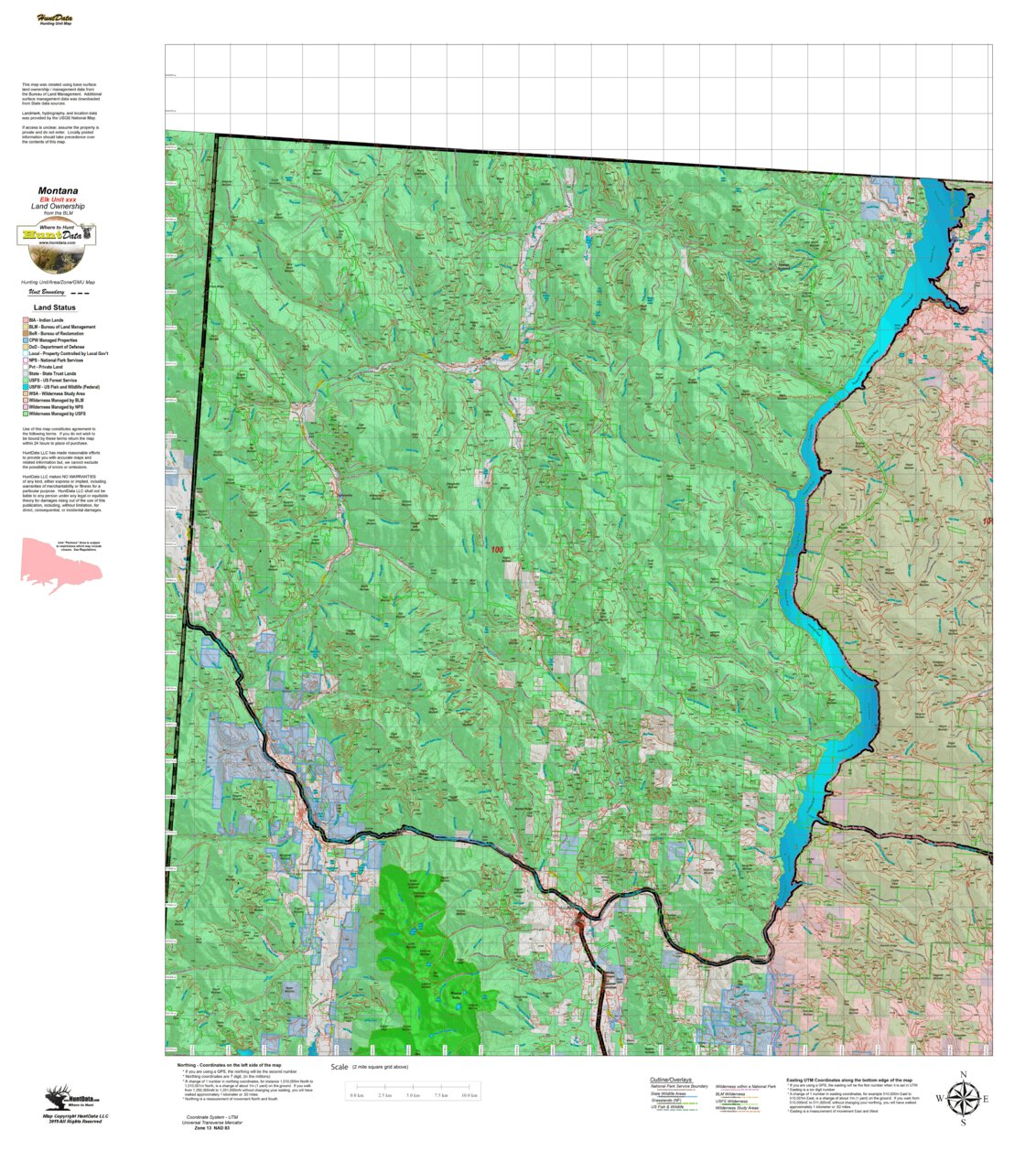 Montana Elk Hunting District 100 Land Ownerhip Map by Montana HuntData ...