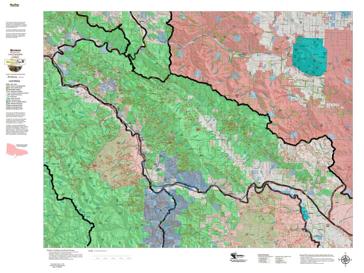 Montana Elk Hunting District 201 Land Ownerhip Map by Montana HuntData ...