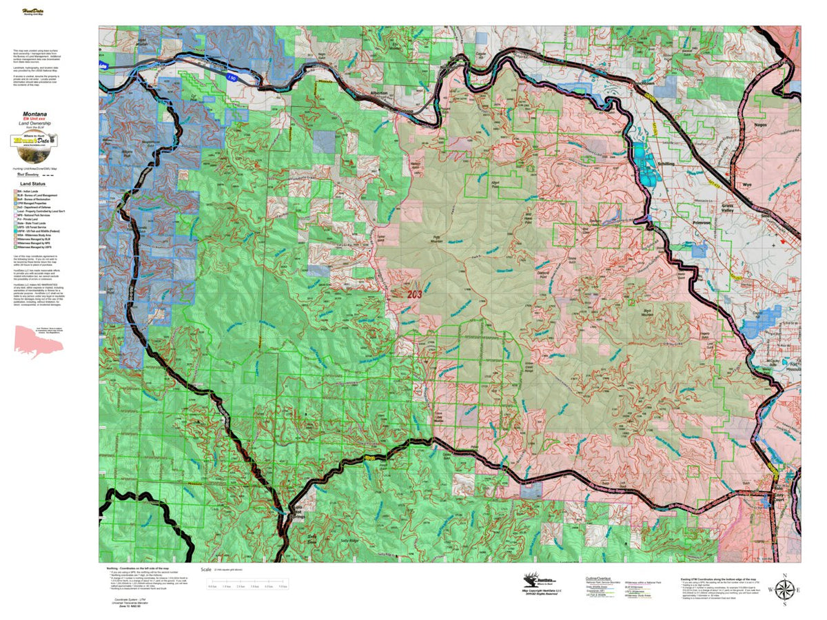 Montana Elk Hunting District 203 Land Ownerhip Map by Montana HuntData ...