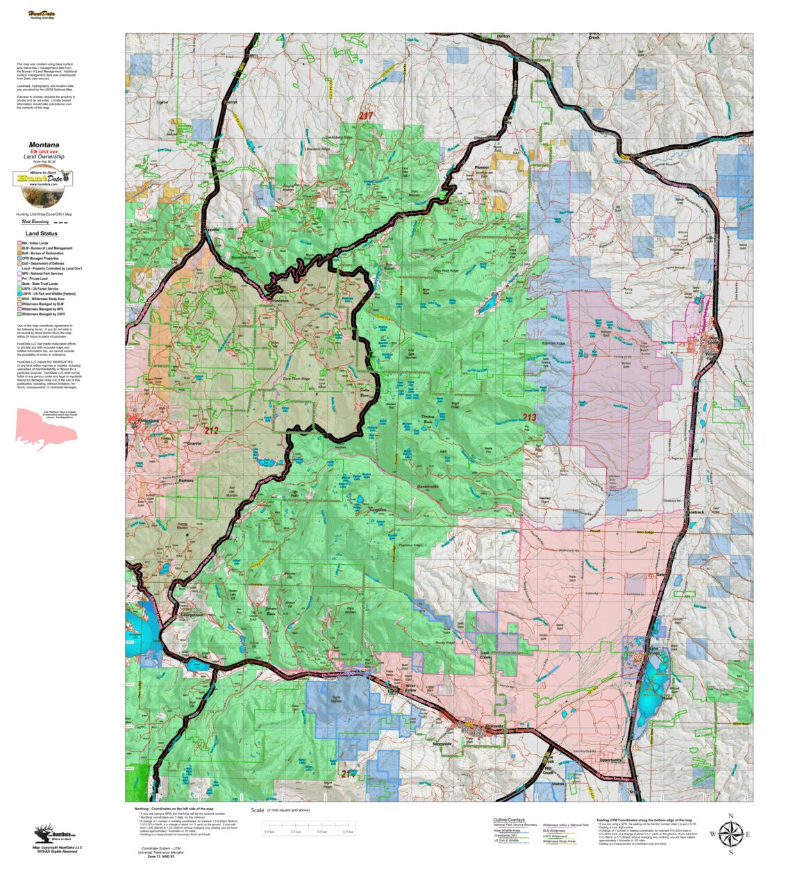 Montana Elk Hunting District 213 Land Ownerhip Map by Montana HuntData ...