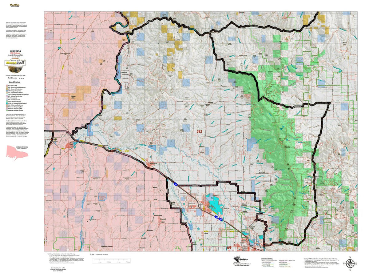 Montana Elk Hunting District 312 Land Ownerhip Map by Montana HuntData ...