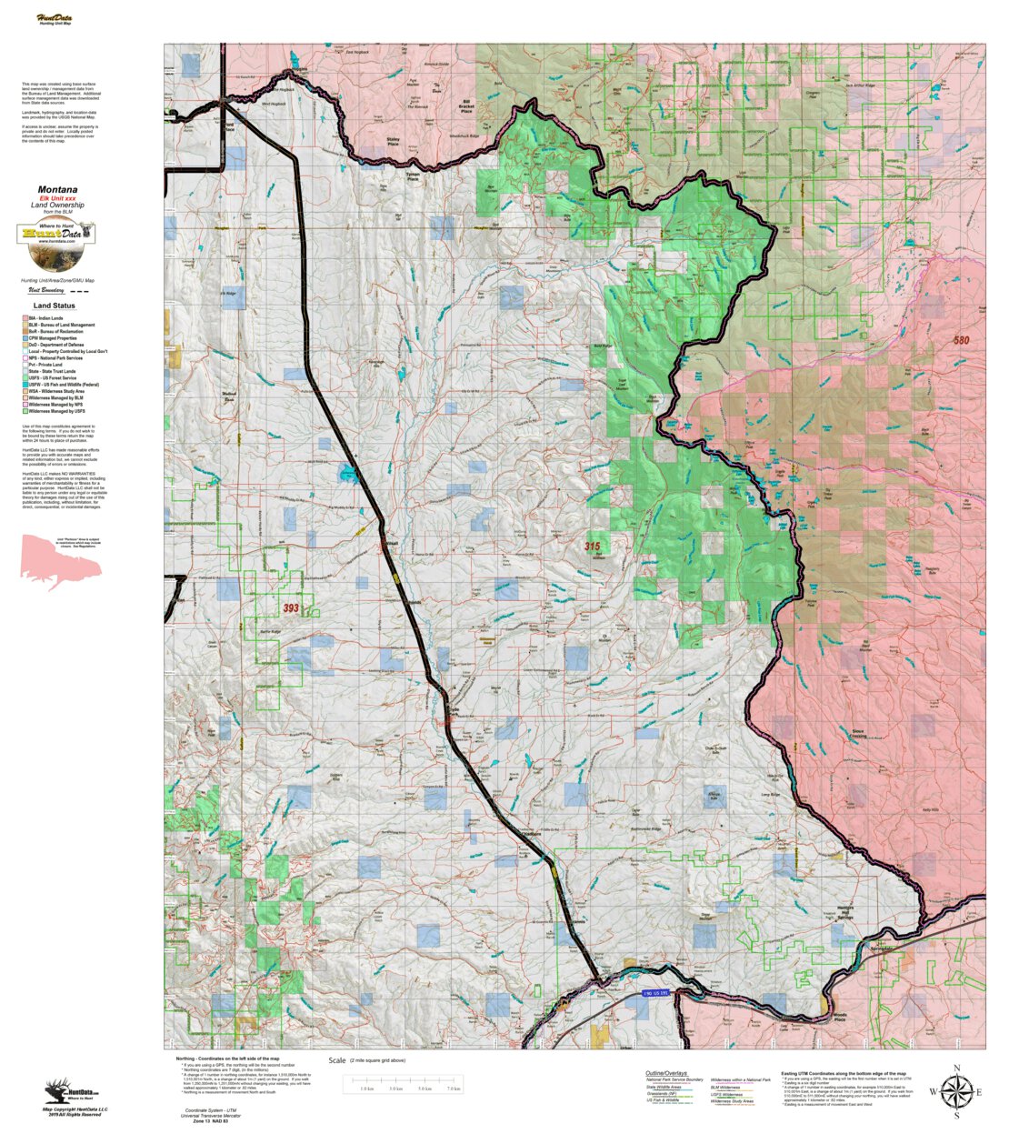 Montana Elk Hunting District 315 Land Ownerhip Map by Montana HuntData ...
