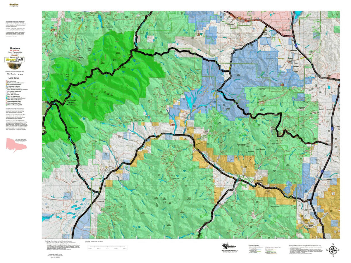 Montana Elk Hunting District 319 Land Ownerhip Map by Montana HuntData ...