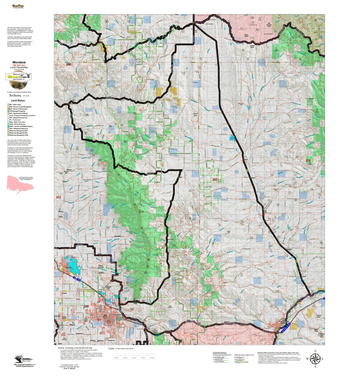 Montana Elk Hunting District 393 Land Ownerhip Map by Montana HuntData ...